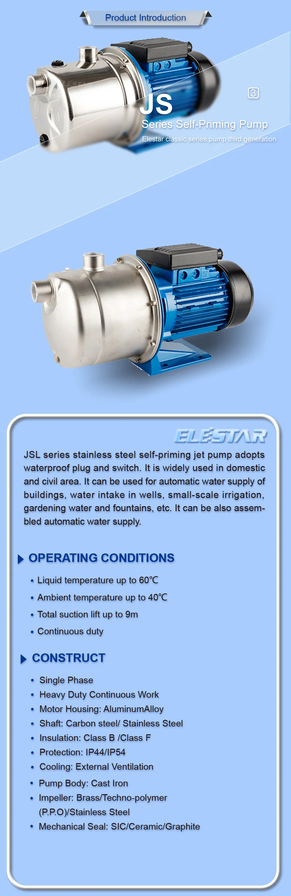 JSL Stainless Steel SS304 Electric Motor 4kw 3hp Pool Pump