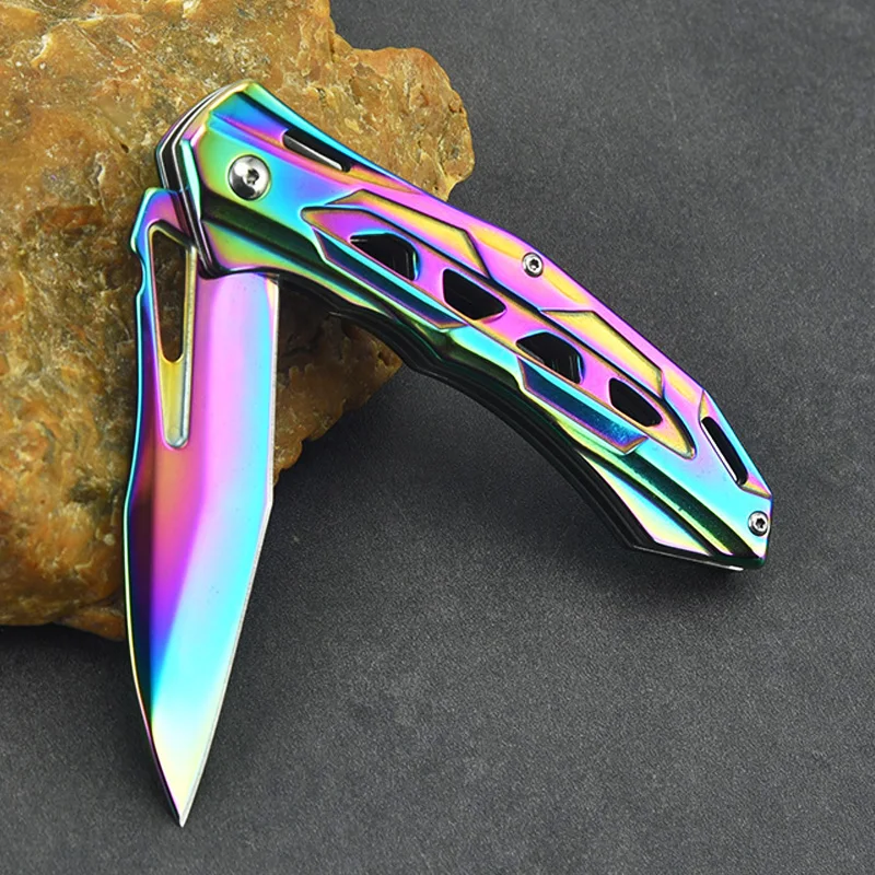 Rainbow Titanium Stainless Steel Tactical Camping Folding Knife Multi ...