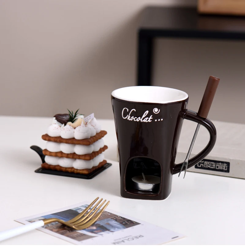 Personal Chocolate Fondue Mug Set - Ceramic Mugs with Forks