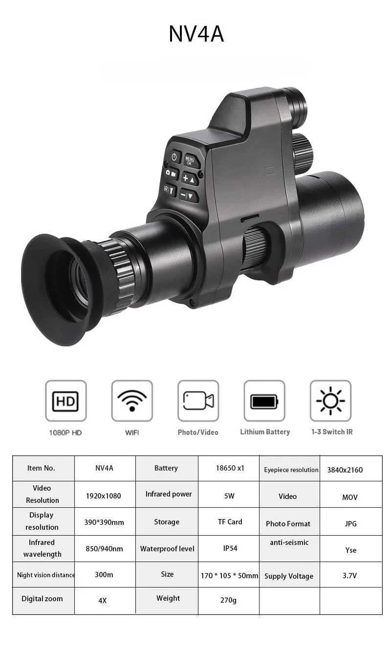 NV4A Infrared Night Vision Monocular - 4X Zoom HD Video, 300M Range ...
