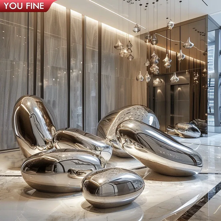 Hotel Lobby Art Decor Pebble Metal Stone Statue Abstract Stainless ...