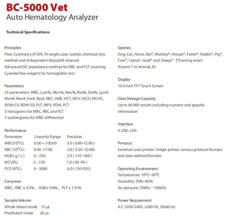 Mindray Bc-5000vet - Reliable Hematology Analyzer for Vets