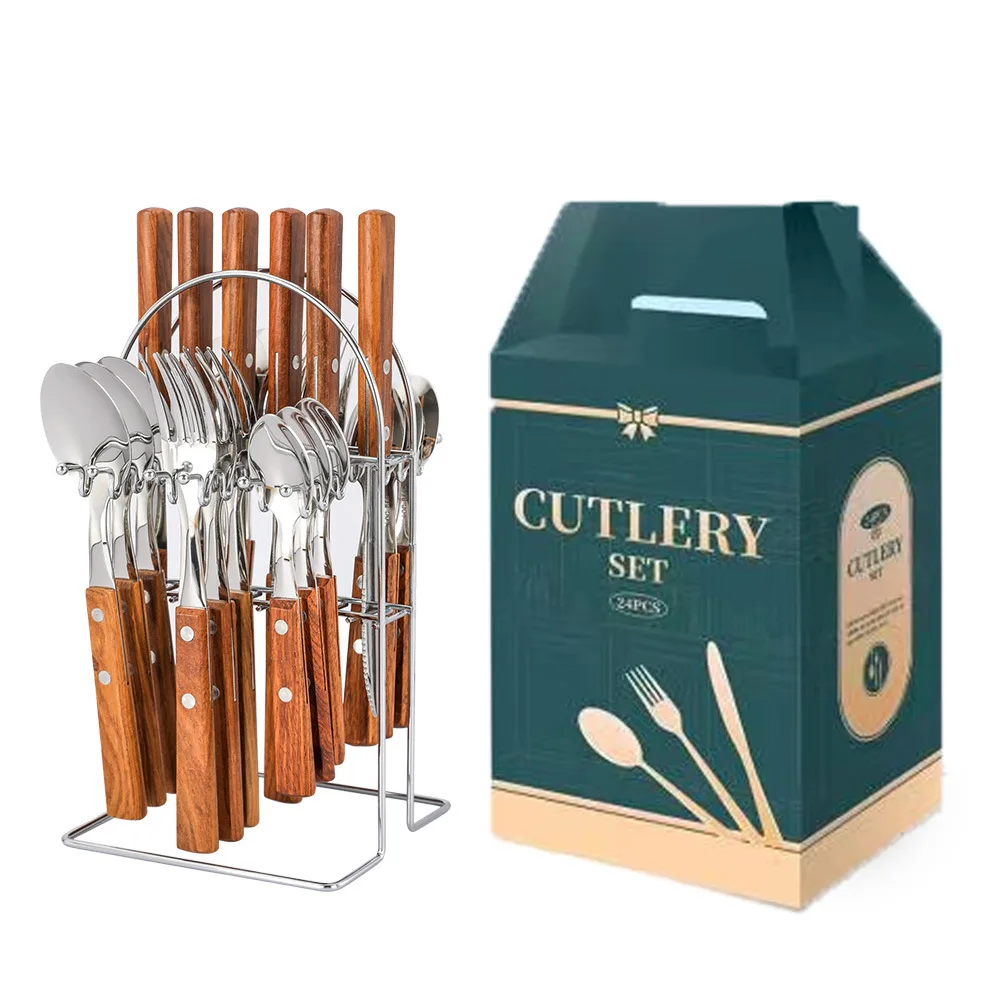 24 Piece Hanging Flatware Set With Rack,Dinner Knife Fork Spoon Stain ...