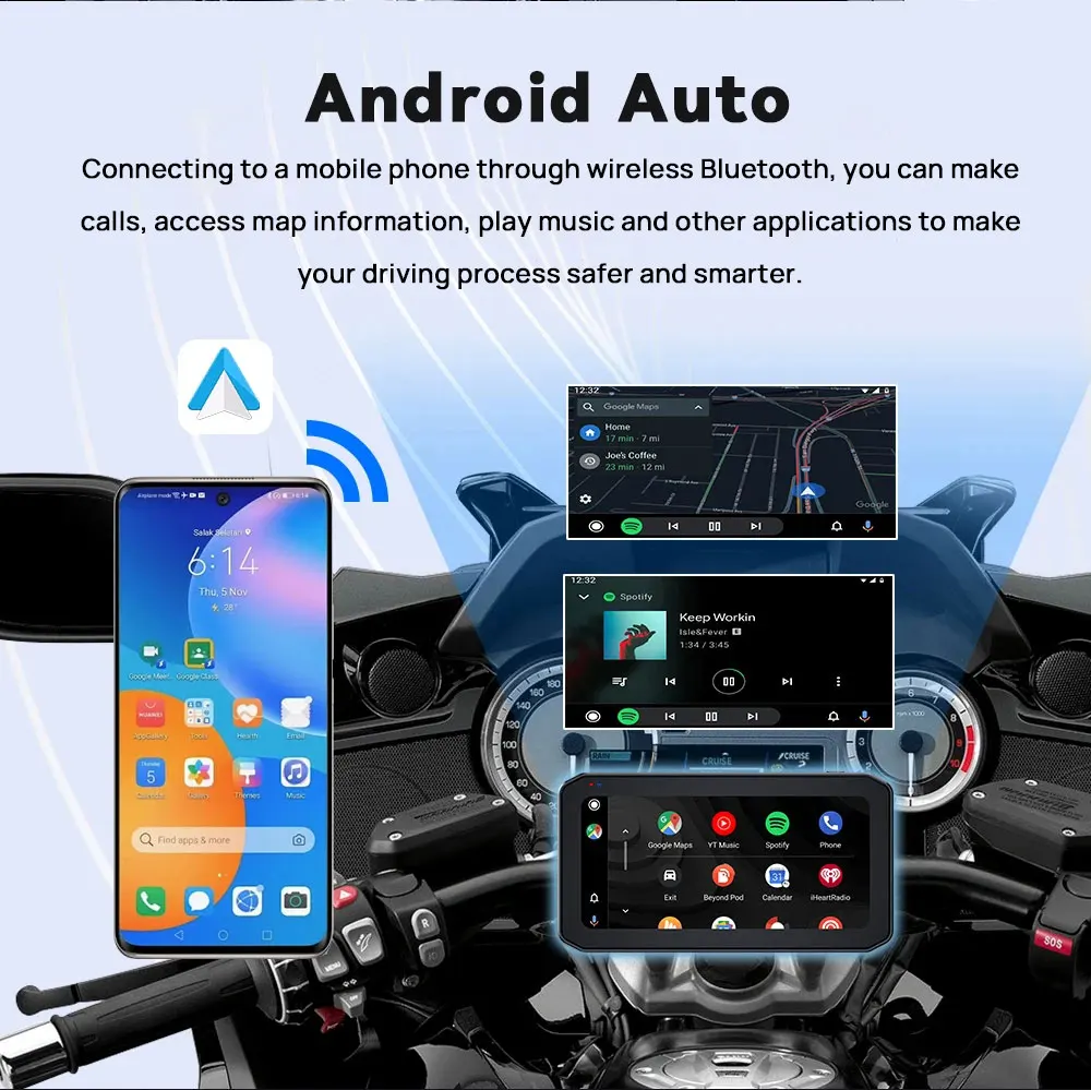 6.25" 2K+1080P Wireless Carplay/Android Auto Motorcycle Waterproof GPS ...