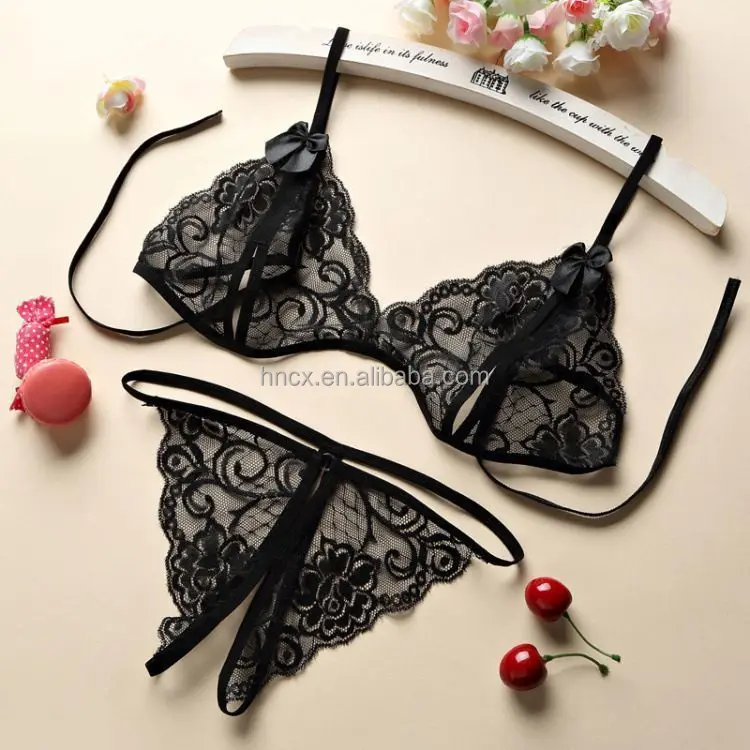 Wholesale Women's Thin Lace Bra Split Underwear Set Solid Color Hollow ...