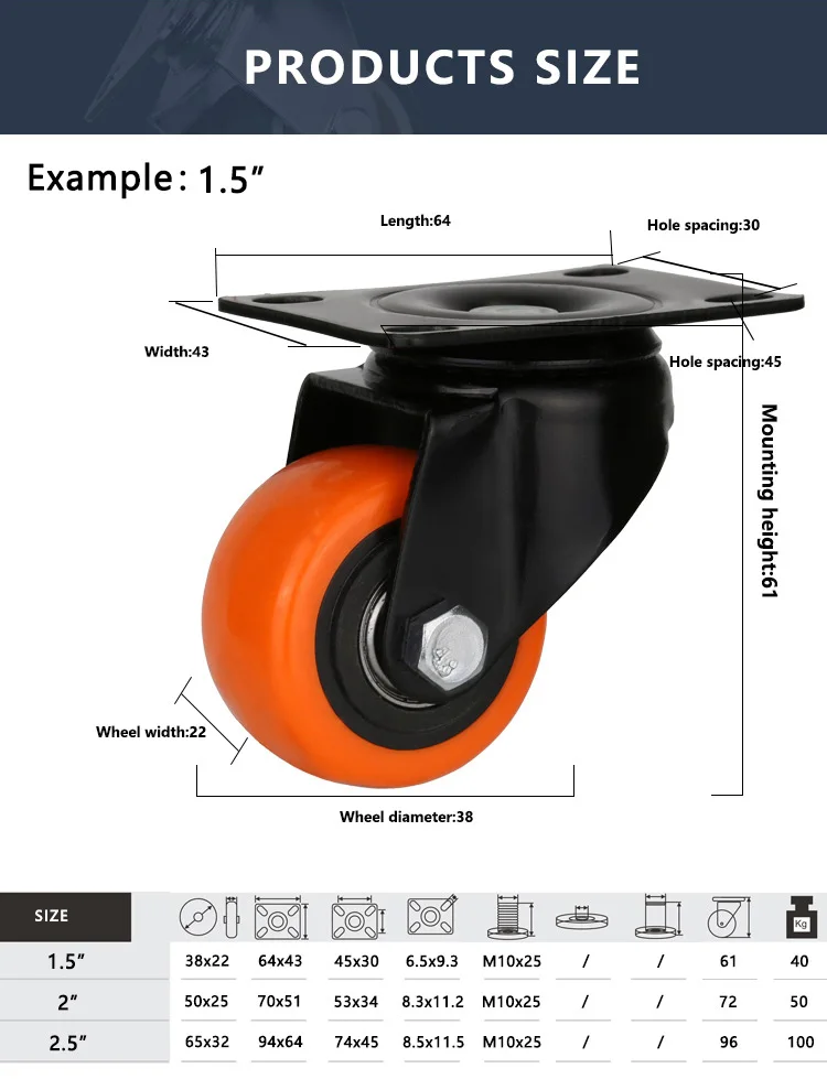 1.5 2 2.5 Inch PVC Wheel Casters - Durable & Swivel Top