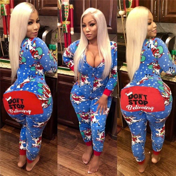 Sexy Women Pajamas Jumpsuit Zipper V Neck Long Sleeve Christmas Cartoon