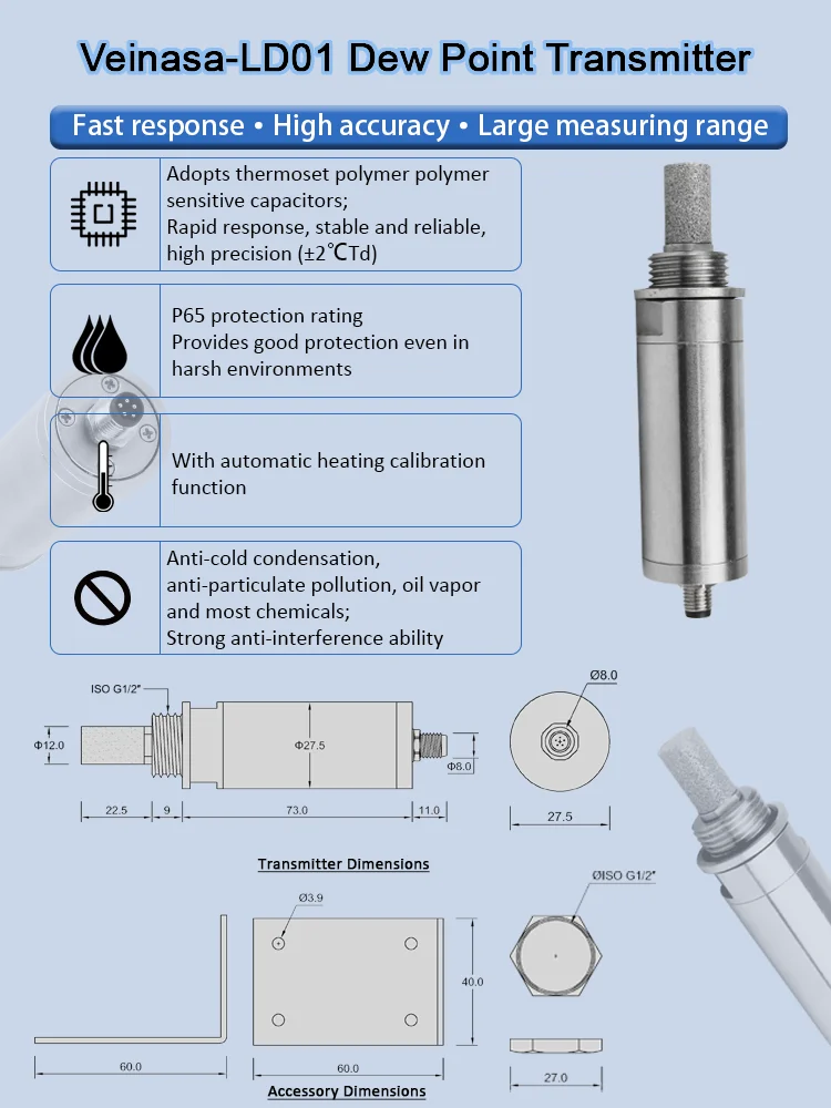 Veinasa-LD01 Dew Point Transmitter Temperature Sensor Transmitter for Compressed Air 4~20mA ...