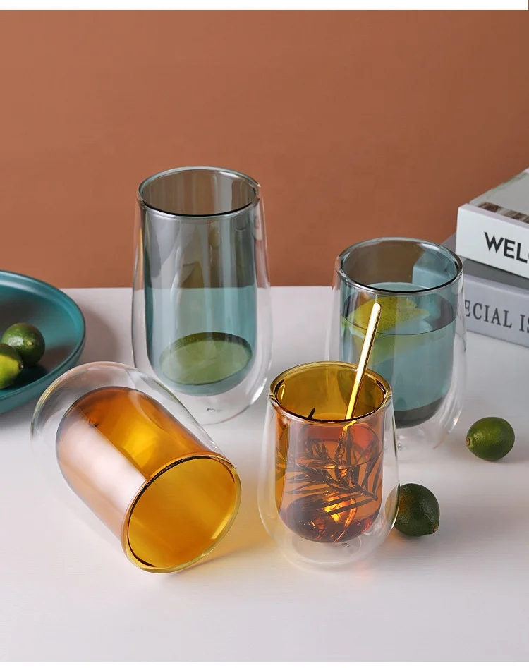 Clear Amber Blue High Borosilicate Double Wall Coffee Glass Cup ...