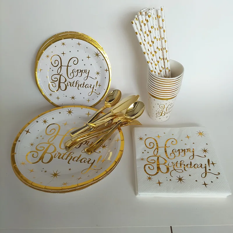 Gold Hot Stamping Happy Birthday Disposable Tableware Set Paper Dish Cup Napkins Plate Kit ...
