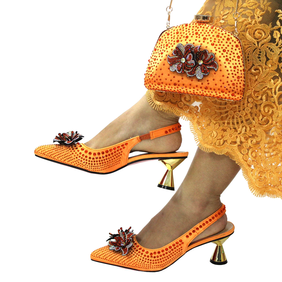 Elastic Band Sandals Nigerian Women Shoes And Bag Set In Orange Color ...
