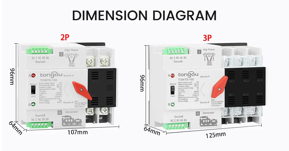 TONGOU 4P 16A 40A 63A 100A Automatic Transfer Switch 220V