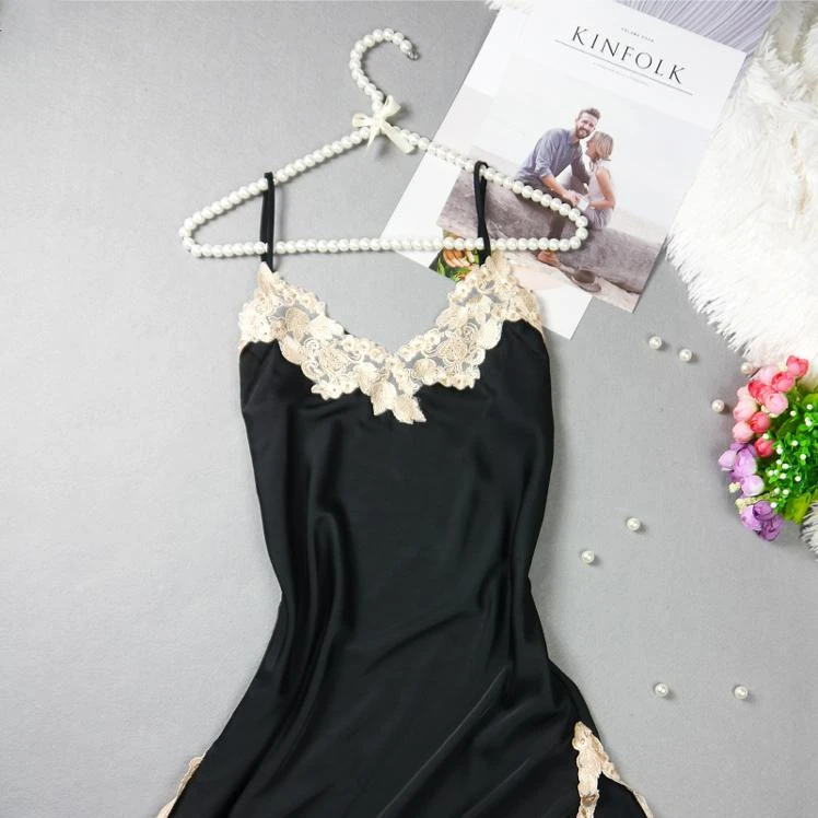 Sexy Nightgowns Embroidered Mini Night Dress V-neck Silk Lace Nightie ...