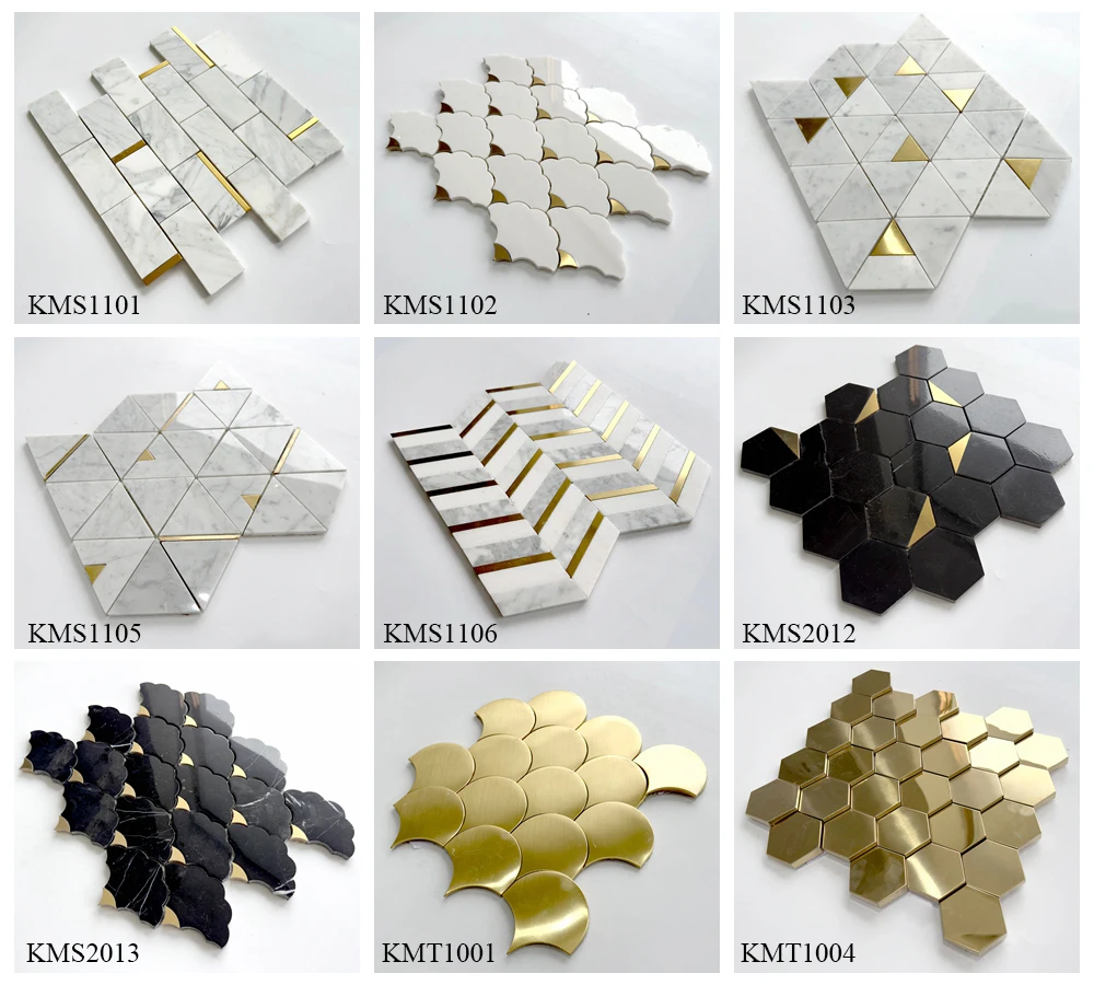 Gold Metal Brass Inlay White Marble Mix Brass Inlay Waterjet Triangle ...