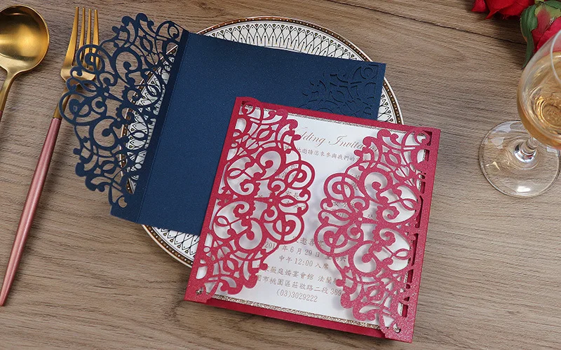 Laser Cut Navy Blue Wedding Invitation Card With Silver Glitter Belt ...