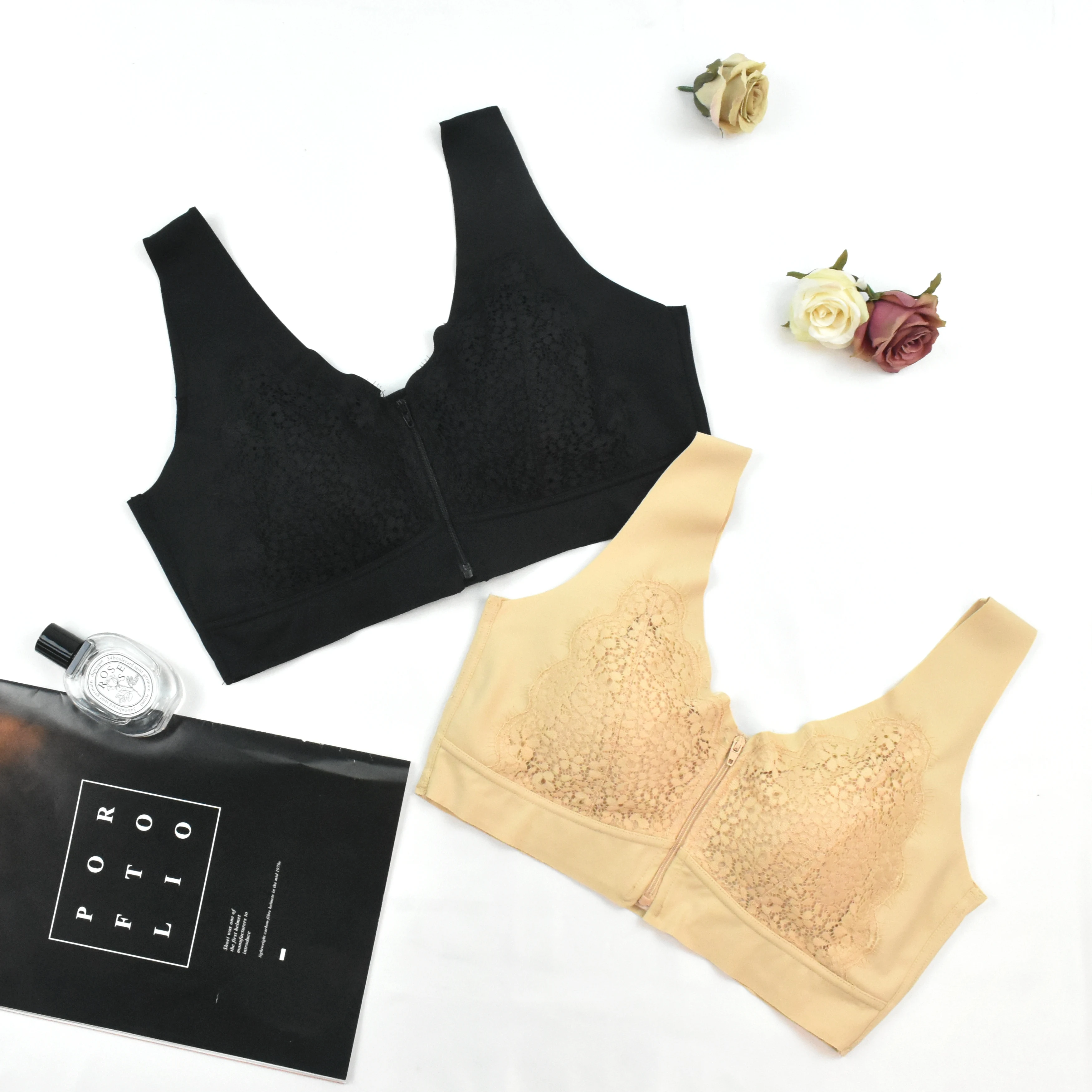 U Neck Black Skin Solid Seamless Lace Wireless Bralette Wire Free Front ...