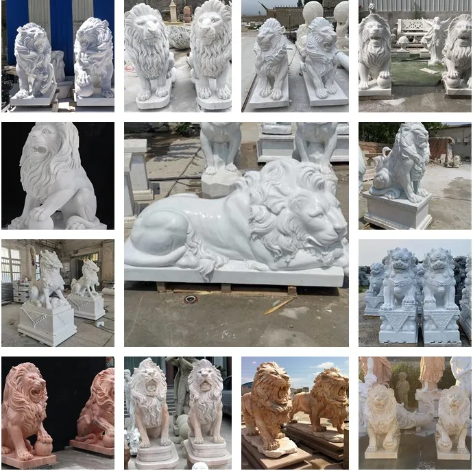 Outdoor Entrance Lion Statue Life Size Hand Carved Natural Marble Stone ...