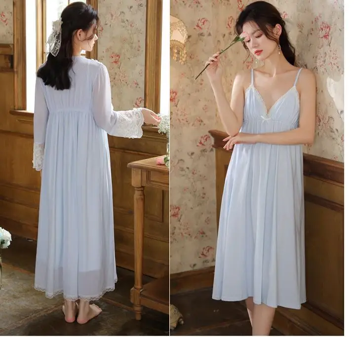 Women's Comfy Cotton Lace Sleepwear Chemise And Robe 2 Pcs Set In White ...