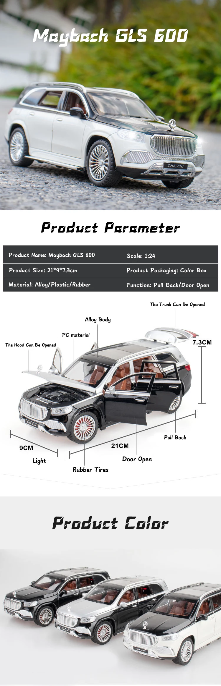 Chezhi 1/24 Scale Diecast Cars Maybach Gls600 Alloy Car Toy Model As ...