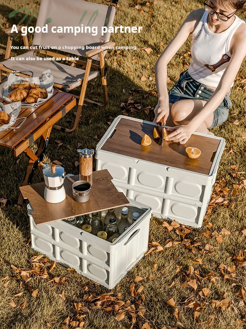 Portable Plastic Camping Folding Crates Wooden Cover Storage Organizer ...