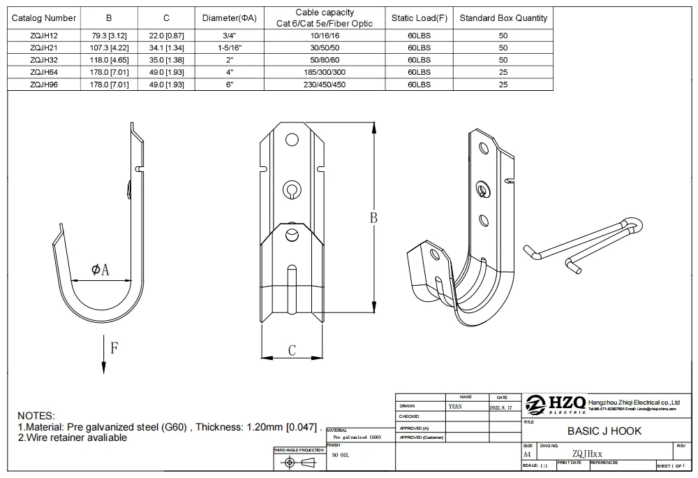 Cable Management Painted Black Basic J Hook,Zqjh32bk,Size 2" J - Hook ...