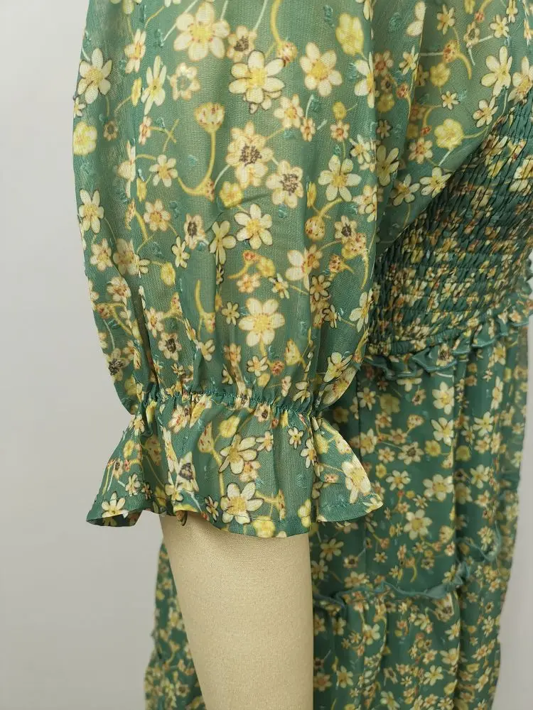 Women Casual Stylish Smocking Ruffles Green Flower Dress - Buy Pleted ...