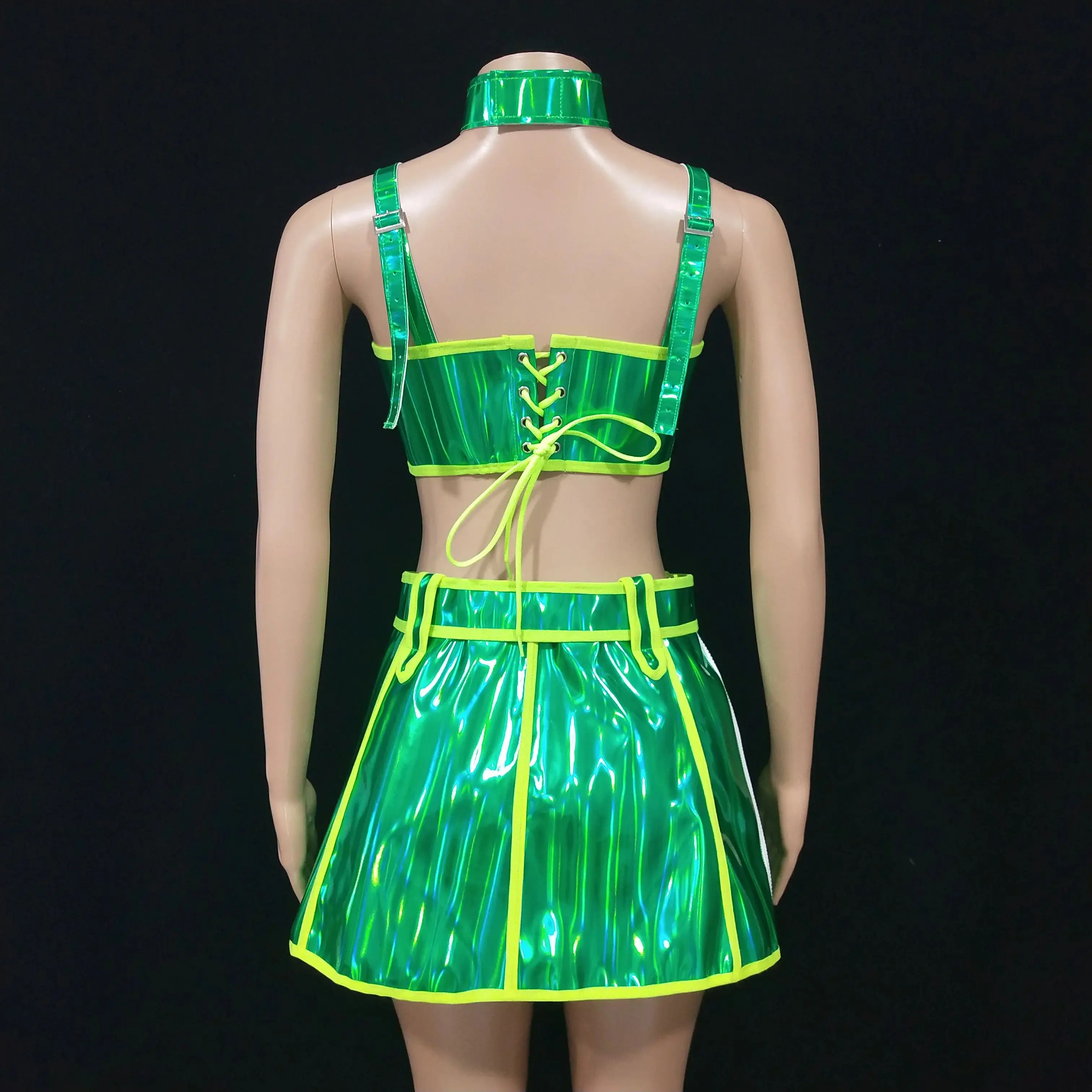 Club Party Carnival Rave Outfit - Pink Laser Tops Skirt