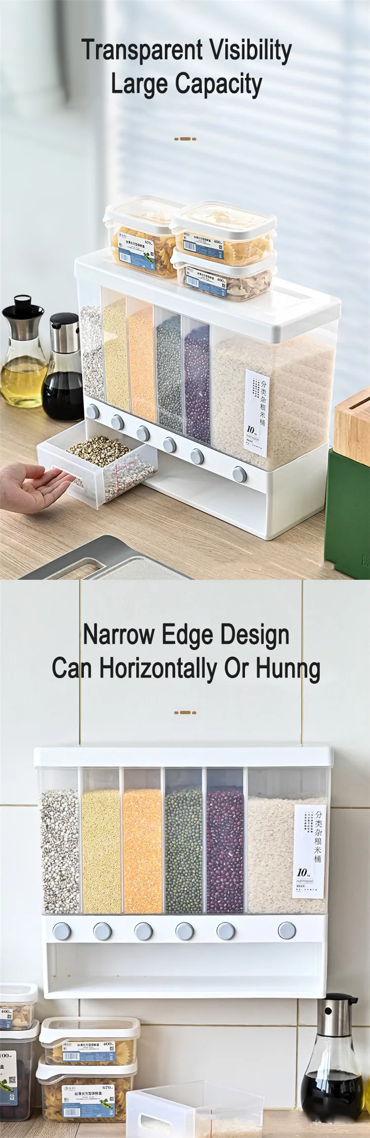 Anjuke Wall Mounted Food Storage Container Box 6 Grid Plastic Cereal ...