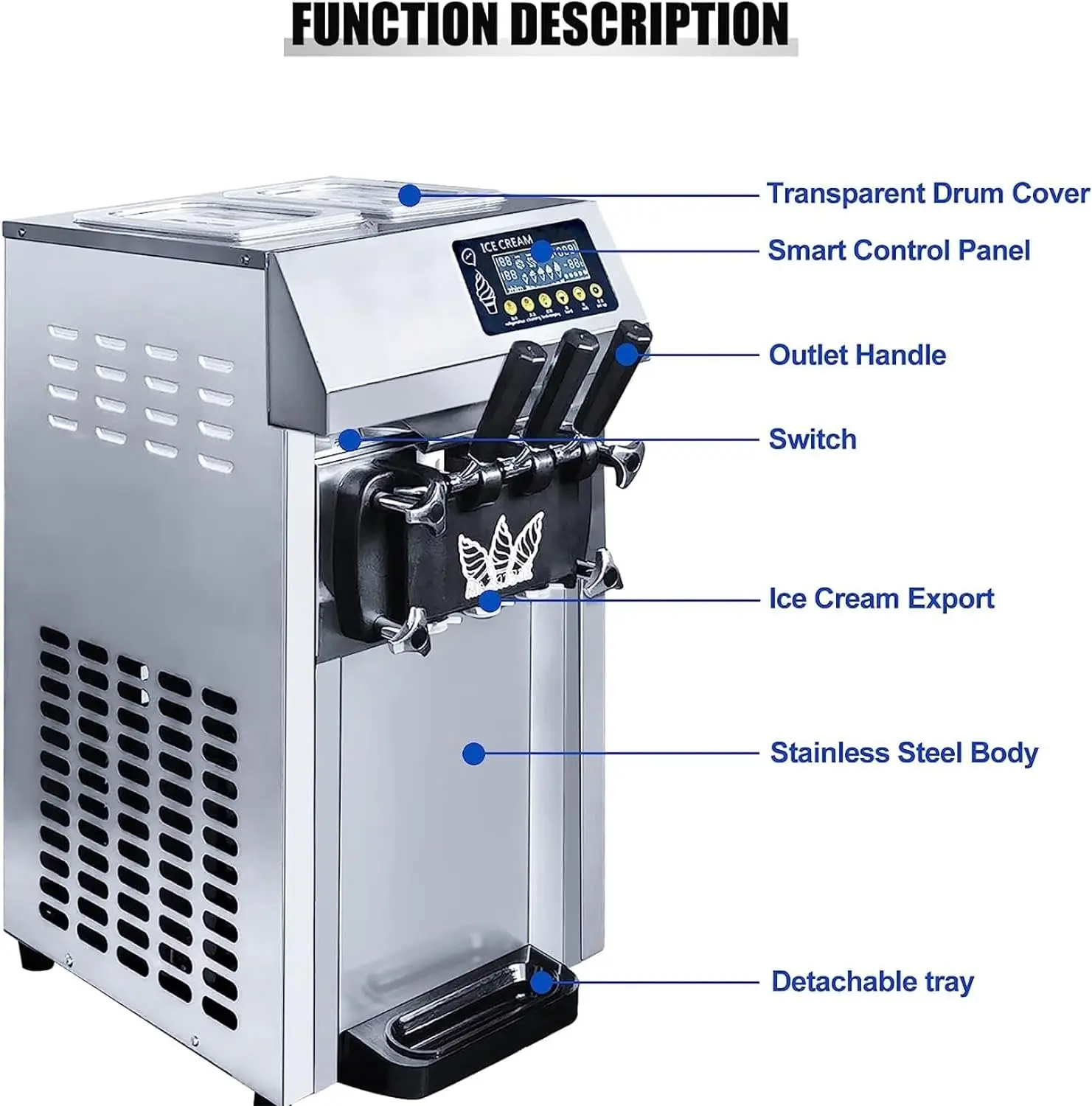 Commercial Ice Cream Machine 1200W Electric Soft Serve,18L/H Stainless ...