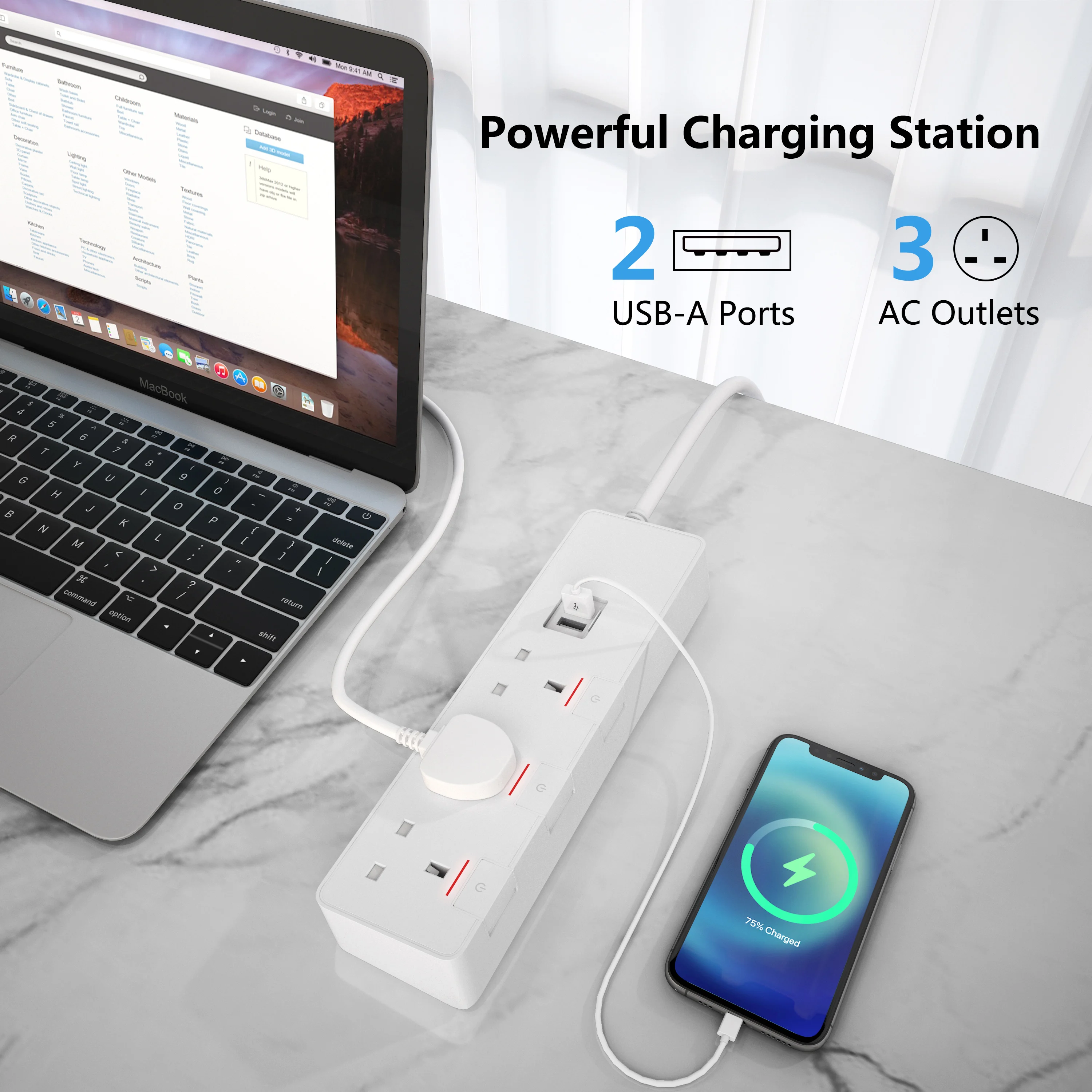 Multi Plug Uk Wall Mounted Power Strip 3 4 5 Way Outlets 2 Usb Ports Electrical Extension Socket ...