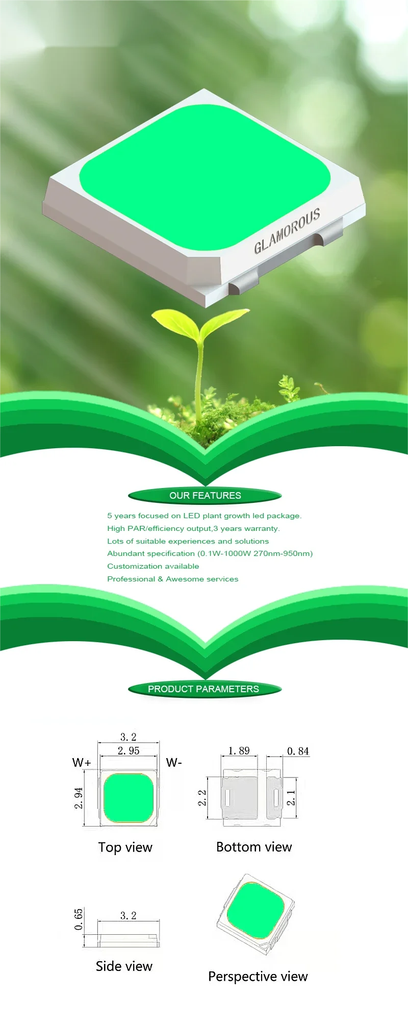 Letter Sanan Chip 3030 Smd Led Chip Phosphor Green 1w Full Spectrum 510 ...