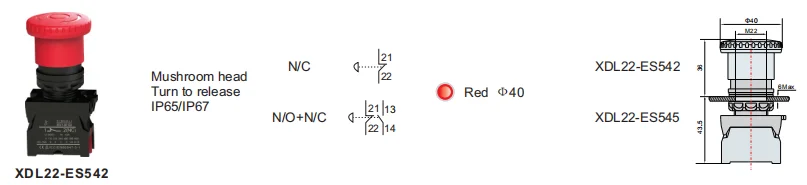XDL22-ES542 Emergency Stop Push Button Switch - IP67 Waterproof