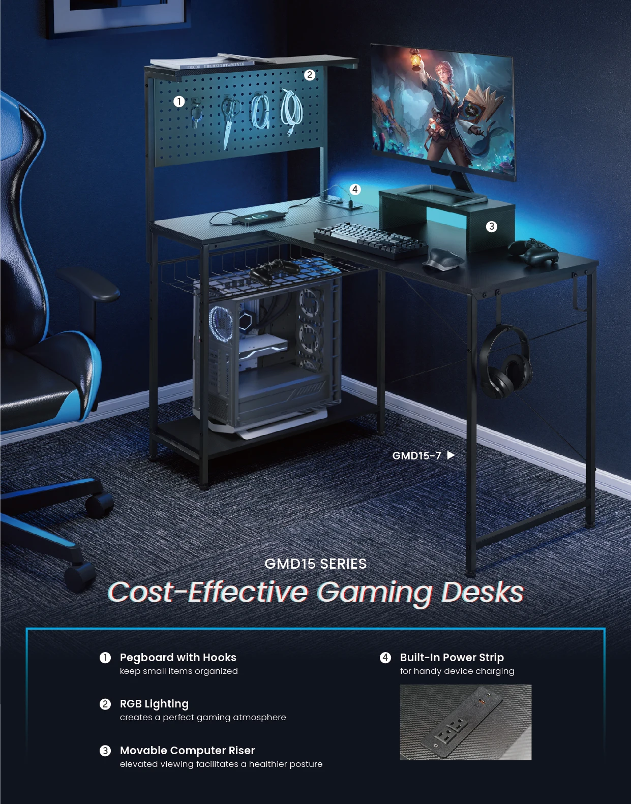 GMD15-7 Corner Shaped RGB Lighting Gaming Desk with Pegboard Movable PC ...