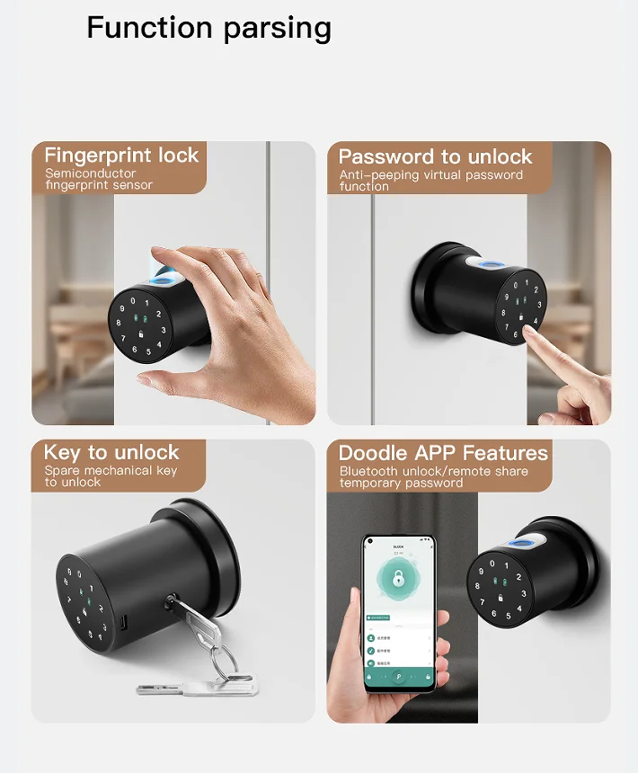 EIYISIE Smart Ball Lock Fingerprint Tuya BLE Smart Door Lock Keyless ...