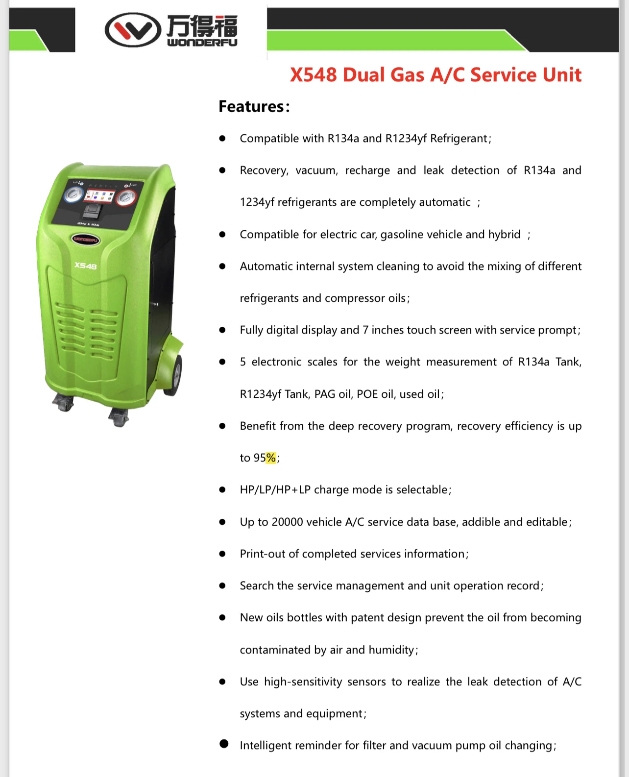 AC Refrigerant Recovery and Filling Machine - Wonderful X548