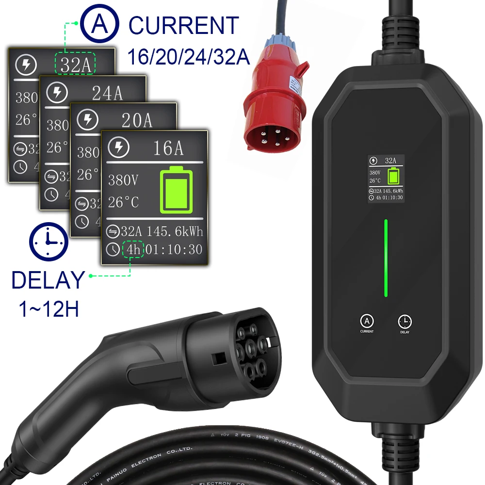 Evo 32a 3 Phase Adjustable Portable Ev Charger Type 2 With Cee Plug ...