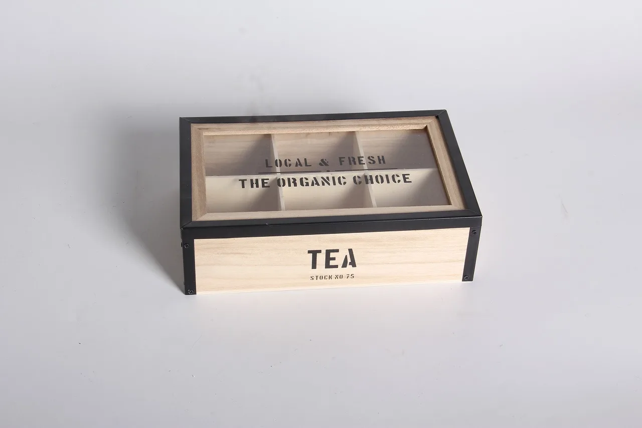 6 Compartments Tea Box Black Metal Trimming Wooden Tea Storage Box With ...