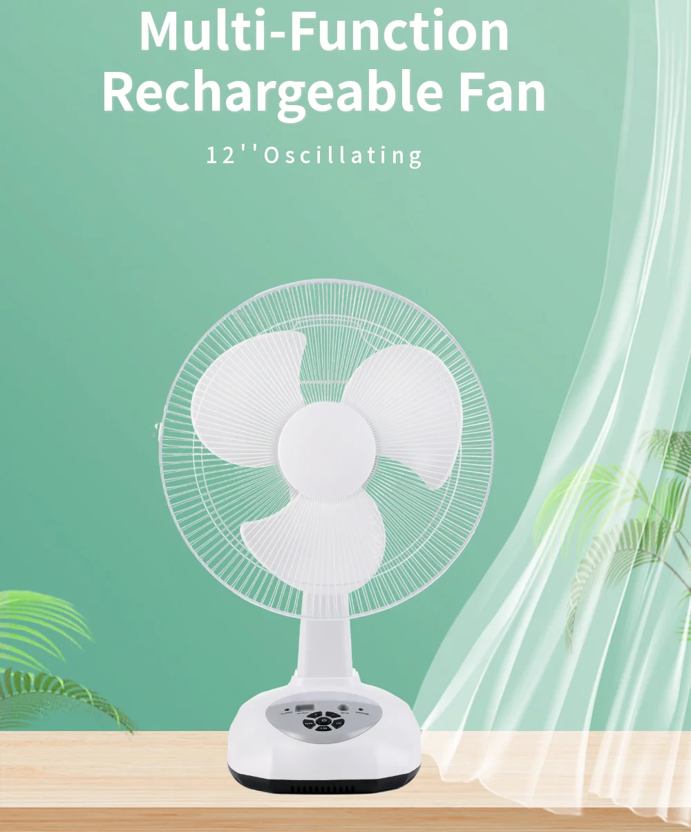 12" Inch AC DC Rechargeable Fan - LED Light & Mobile Charge