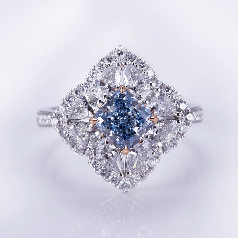 18k Fancy Blue Lab Diamond Ring Cushion Cut Ring Unique Design Wedding ...