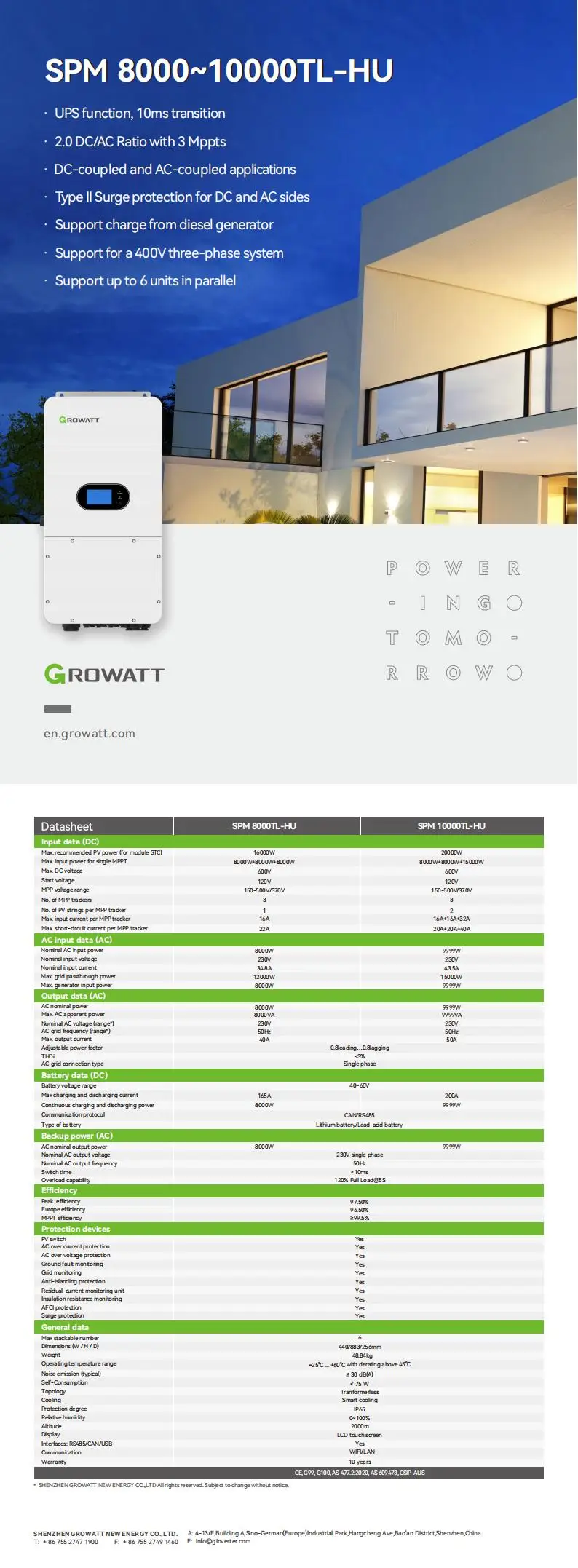 Growatt SPH 10000TL-HU-US Inverter 120v/240v Split Phase 10kw Hybrid Solar Inverter Low Voltage ...