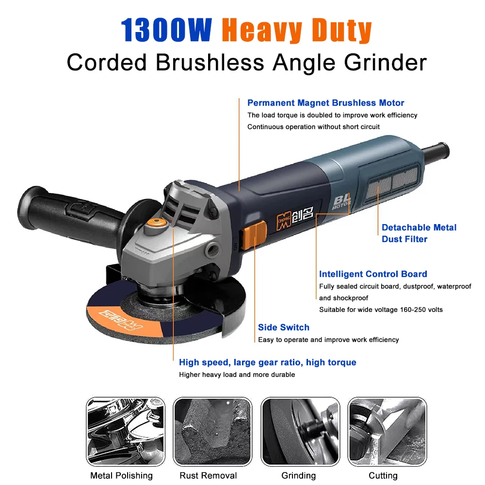 6-speed 1300W 100mm 4" Variable Speed 220V AC Brushless Angle Grinder ...