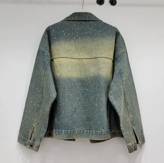 Retro Color Diamond Denim Jacket 2024 Spring Rhinestone Loose Long ...