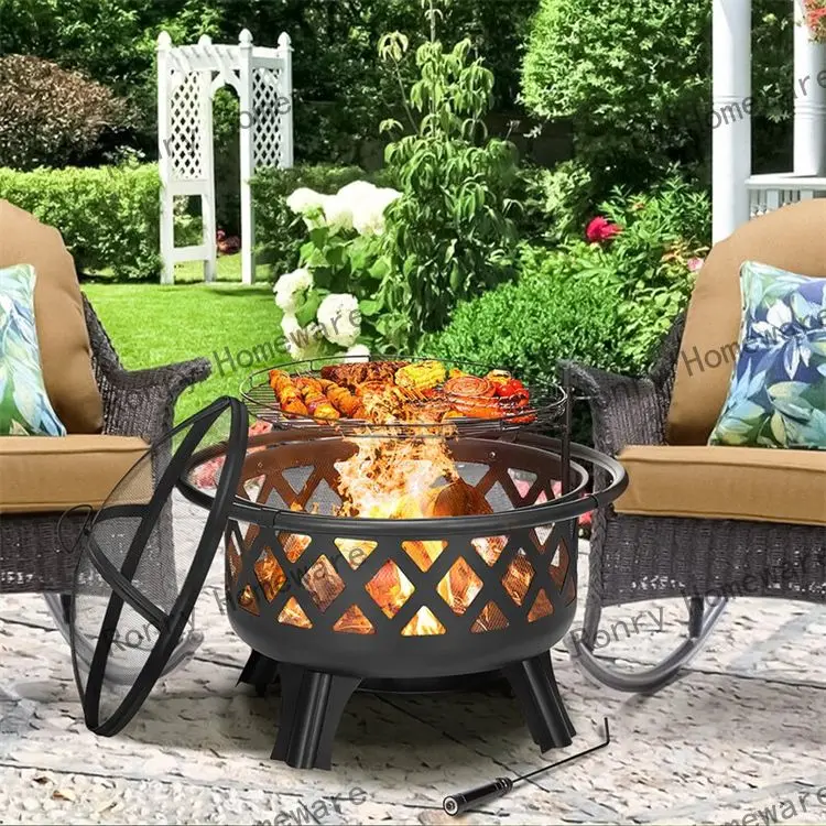 Round Metal Cast Iron Fire Pit Indoor Heated Stove and Outdoor Camping ...