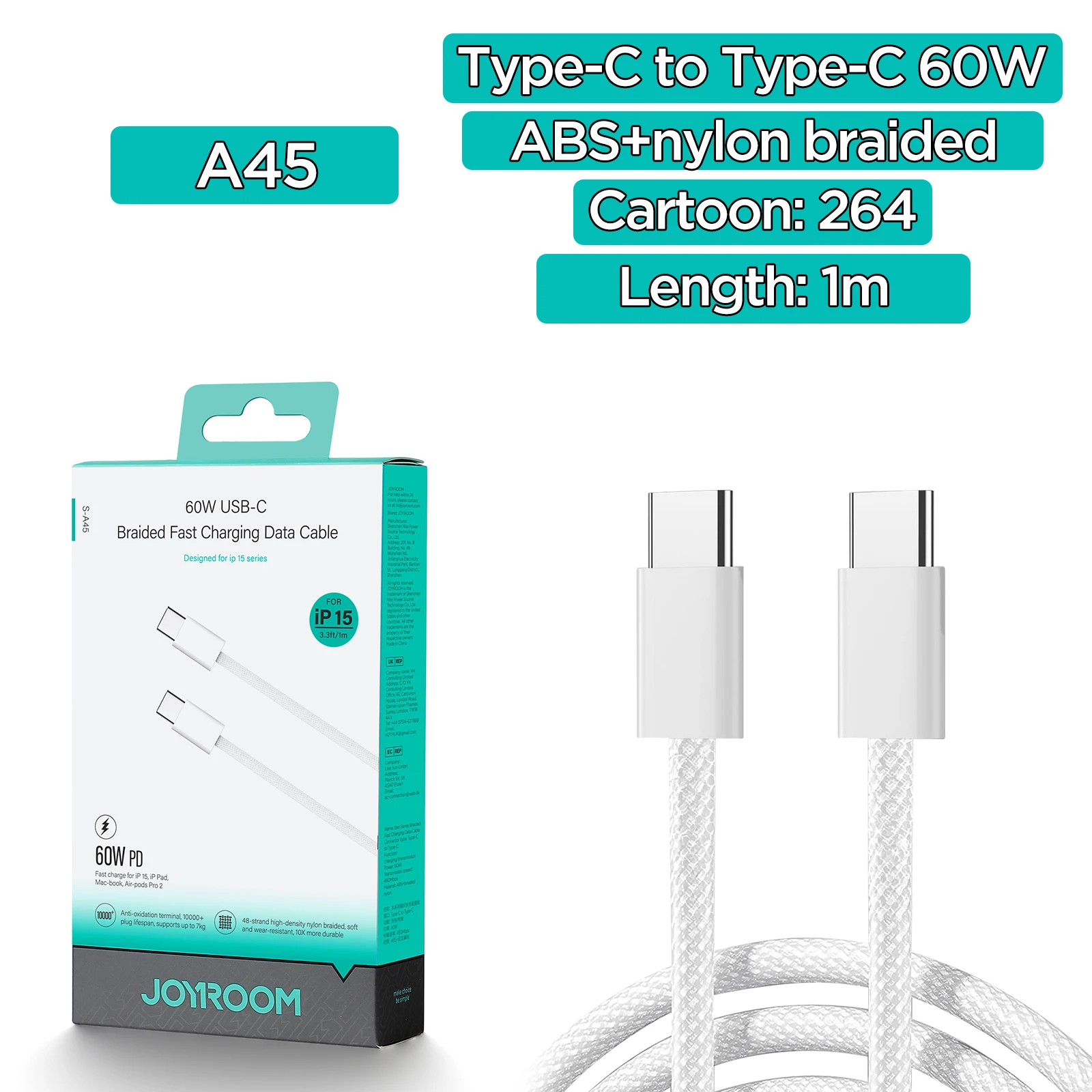 Joyroom New Hot 1m Braided 60w Fast Charging Transmission Usb Cable ...