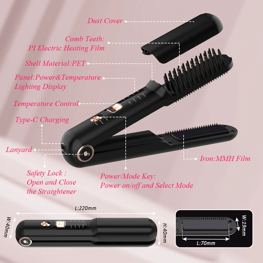 Mini Hair Beard Straightening Comb - Wireless & Heated