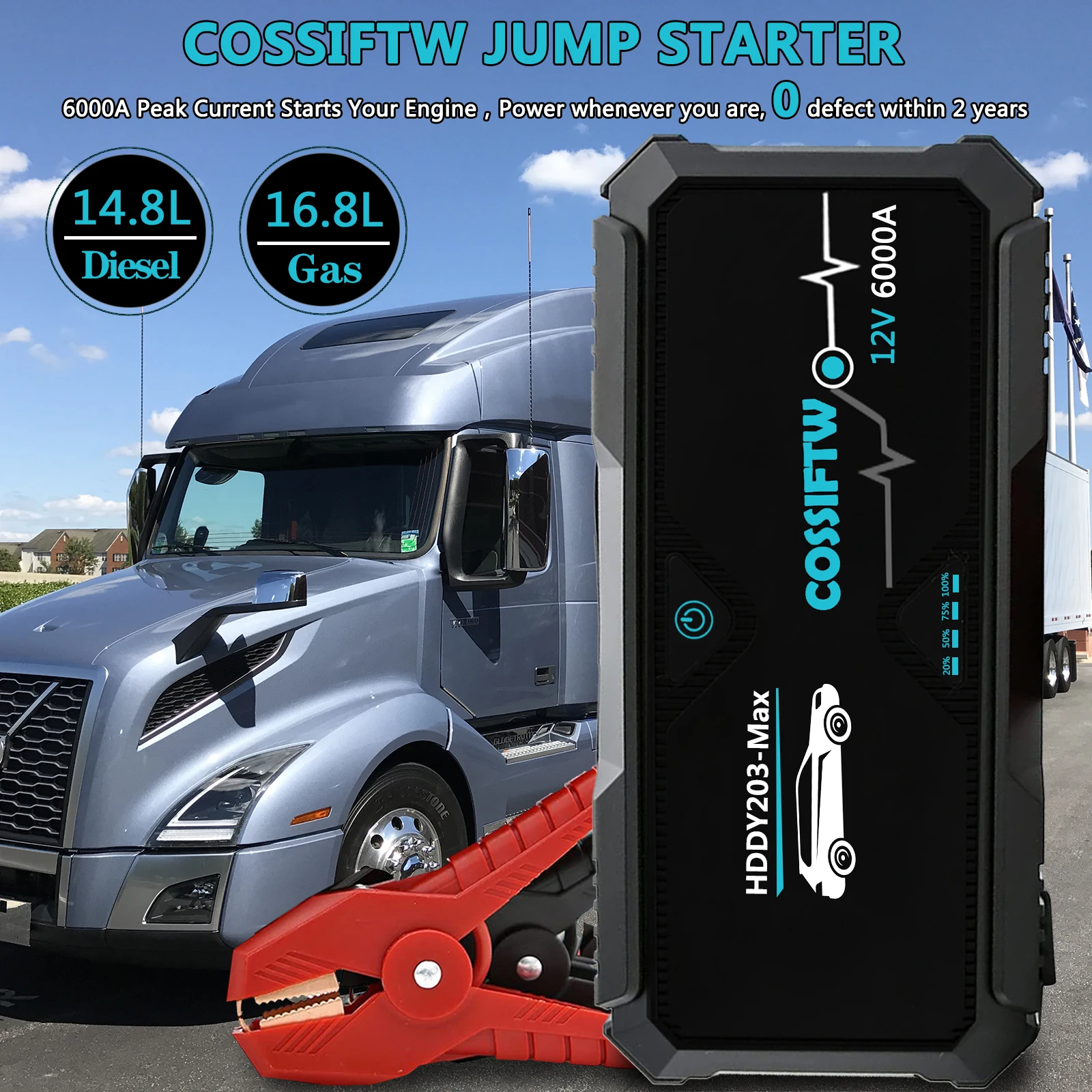 6000A Portable Car Battery Jump Starter for 12V Vehicles, Dual USB ...