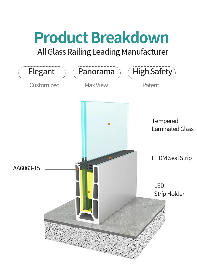 Frameless Aluminum Balustrade U Channel Extrusions Glass Balcony With ...