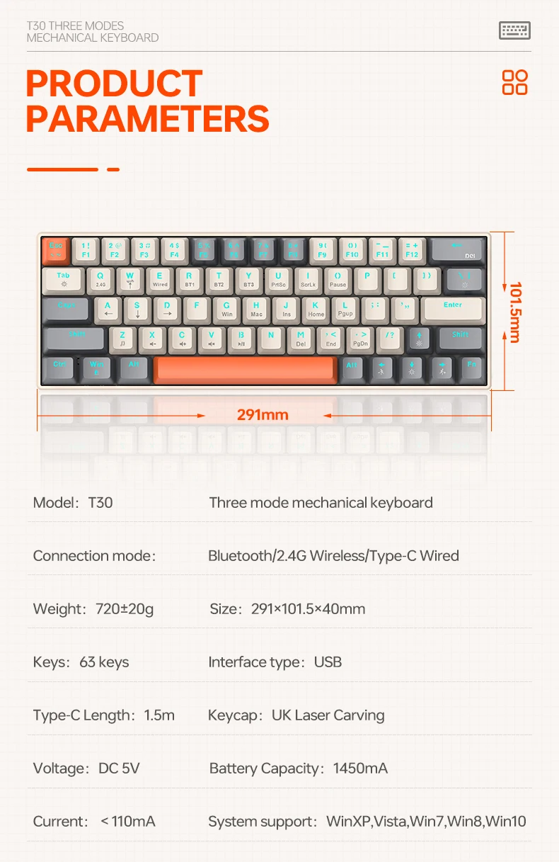 T-WOLF T30 TKL Mechanical Keyboard - Gaming Wireless 63 Keys