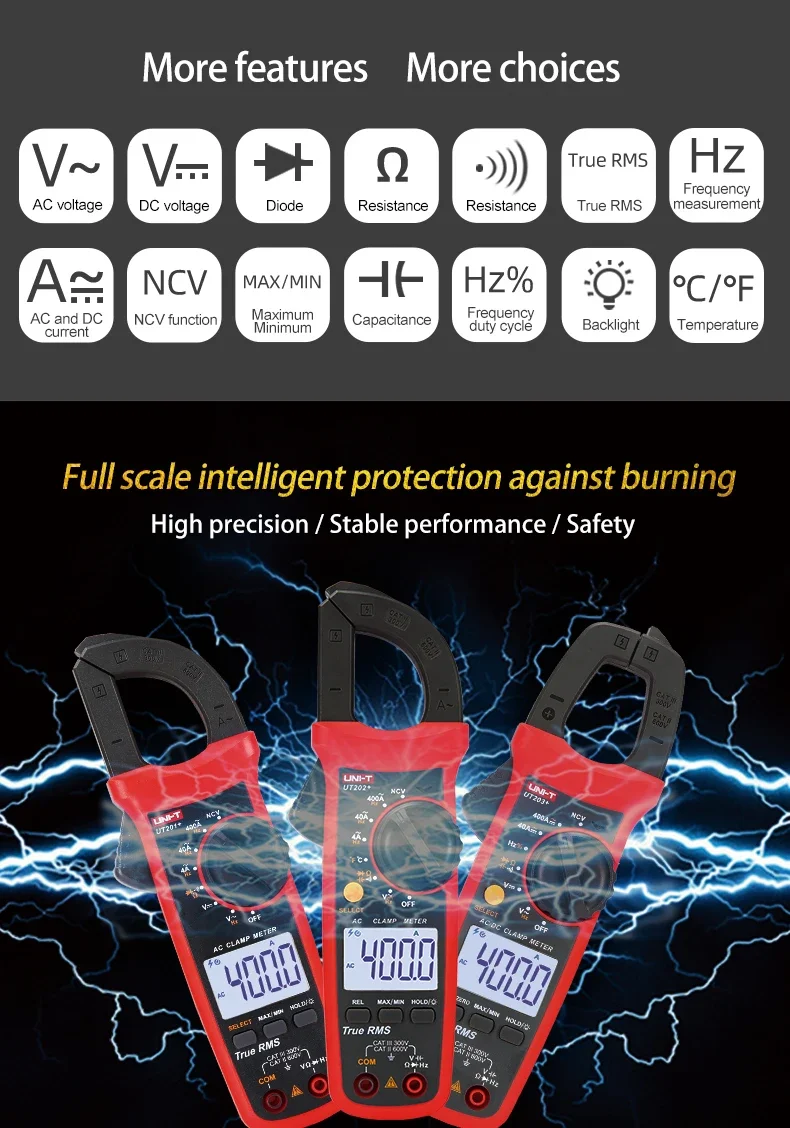 UNI-T UT204+ Digital AC DC Voltage Clamp Meter Multimeter True RMS 400 ...