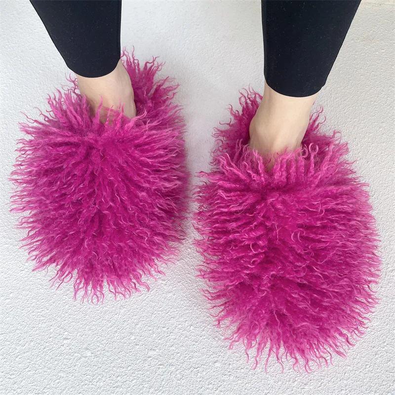 New Design Flat Bottom Fluffy Fuzzy Shoes Long Sheepskin Slide Women ...